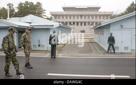 UN troops of North Korea and USA pictured before the barracks T1, T2 ...