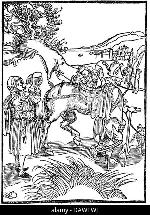 people, hardship / adversity, Middle Ages, begging woman with two ...