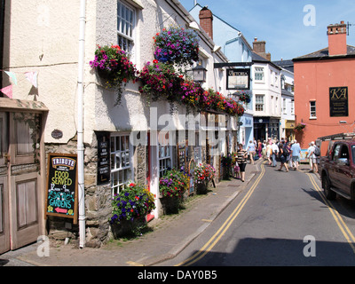 Salcombe, Devon, UK. Hanging baskets adorn the front of the Victoria ...