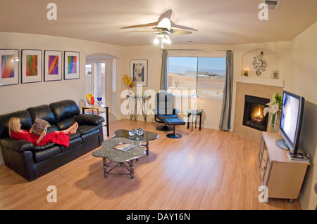 Interior of stylish living room with modern electric fan Stock Photo ...