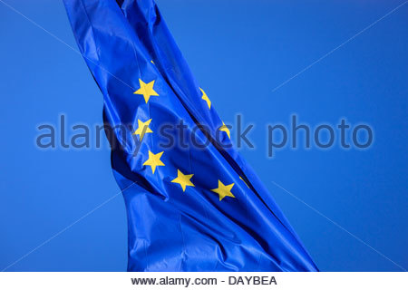 EU European Union flag flying in bright sun in front of the Royal Stock ...