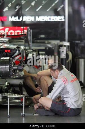 Mechanics work on the car of Mercedes driver Andrea Kimi Antonelli of Italy during the Qatar ...