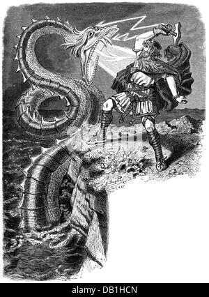 Thor (Donar), Germanic God of the thunder, with his chariot, wood ...