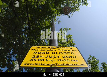 Advance warning sign for a road closure during the London Marathon ...