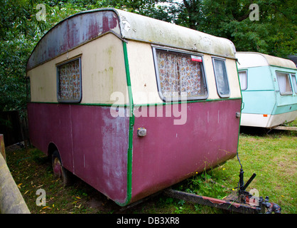 A shabby / decaying 1950s caravan photographed at a 1950s museum in Cae ...