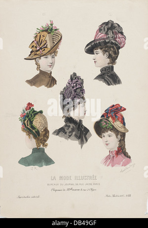 This millinery print showcases fashion designs for headwear, part of a ...