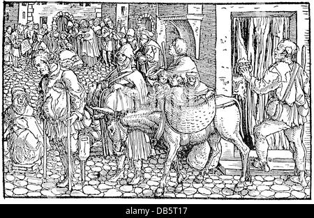 people, hardship / adversity, Middle Ages, begging woman with two ...