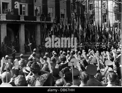 1930's Adolf Hitler at a Hitler Youth Rally Nuremberg in his open top ...
