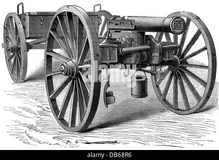 weapons/arms, firearms, machine guns, French mitrailleuse, wood ...