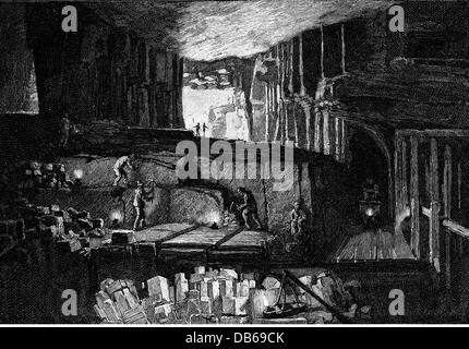 mining, salt, salt mine, interior view, copper engraving, early 18th ...