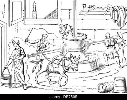 technics, mills, miller filling grains into mill-hopper, wood engraving ...