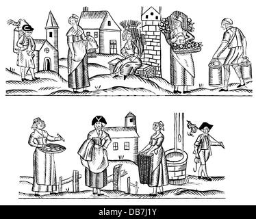 trade, merchants, female merchant with vendor's tray selling milk ...