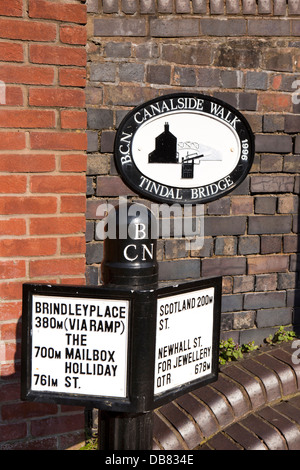 Signpost on the towpath of the Birmingham & Fazeley canal, Birmingham ...