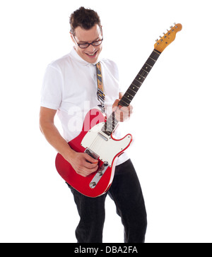 Smart rock guitar player at his best. Playing guitar against white ...