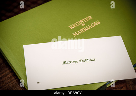 Marriage Certificate in envelope and Register of Marriages book Stock ...