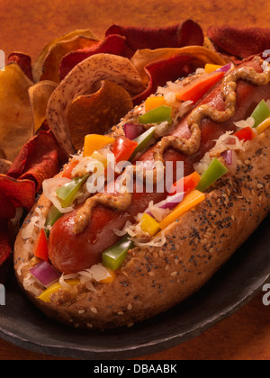 Chicago style hot dog with chips Stock Photo - Alamy