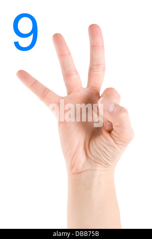 hand sign of number nine, isolated on white Stock Photo - Alamy