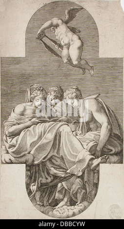 This sculpture depicts three Muses with a putto, an angelic figure ...