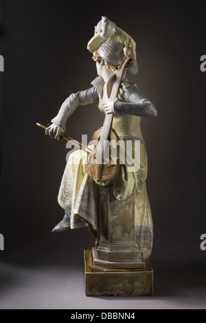 This artwork depicts a woman playing a 'Viola da Gamba,' a stringed ...