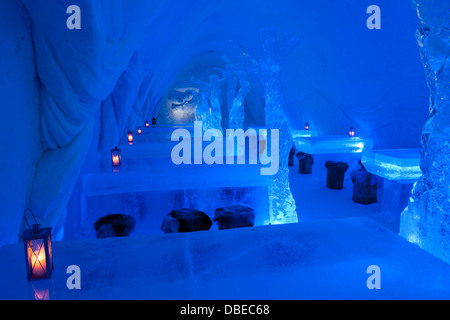 Ice corridor in the ice hotel of Lumilinna Snow Castle, Kemi, Finland ...