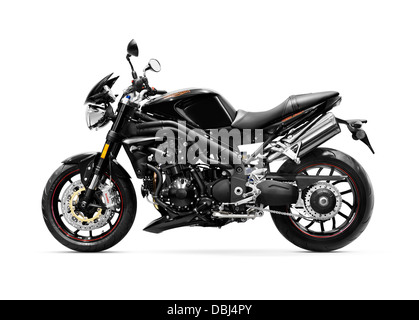 A side on view of a black Triumph Speed Triple motorcycle parked up on ...