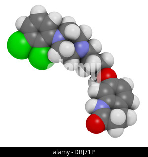 Aripiprazole antipsychotic drug, chemical structure. Atoms are ...
