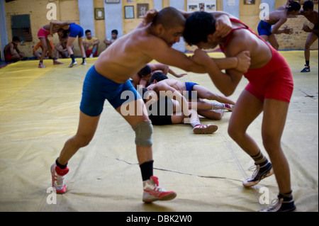 Indian Kushti wrestlers train at the Guru Hanuman Akhara in Old Delhi ...