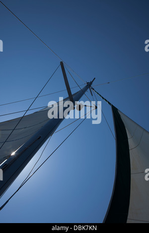 A catamaran sailing in the deep blue sea and white houses on the ...
