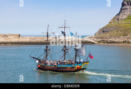 Whitby Pirate Ship the Bark Endeavor replica of Capt. Cook's Ship Stock ...