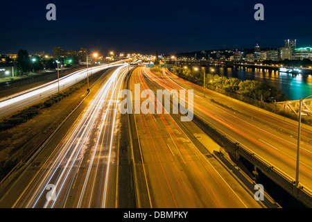 Interstate Freeway Light Trails Through Portland Oregon City Along ...