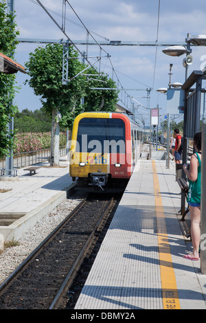 Commuter train at the Estacio Intermodal Train Station in Palma Majorca ...