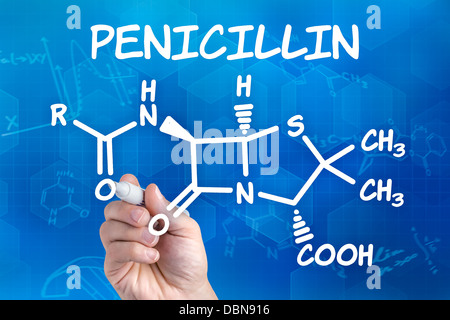 Penicillin, antibiotic drug, Structural chemical formula on a white ...