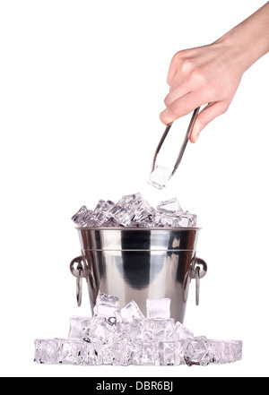 ice bucket with hand holding Ice tongs isolated on a white background ...