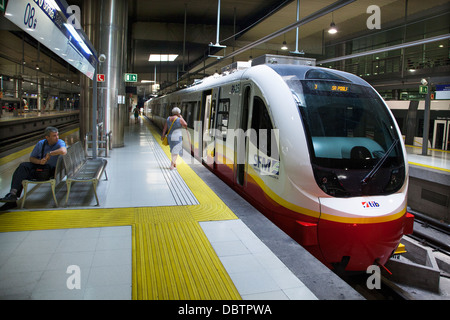 Commuter train at the Estacio Intermodal Train Station in Palma Majorca ...