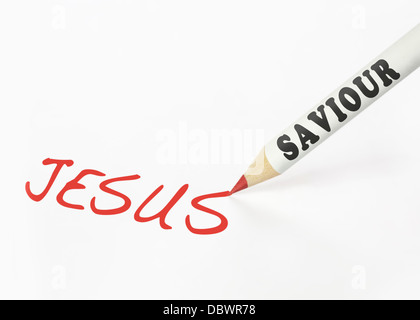 A God labeled pencil writing the word Jesus Stock Photo - Alamy