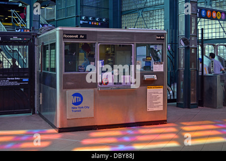 Token booth area at the 74th Street stop on the number F & 7 elevated ...