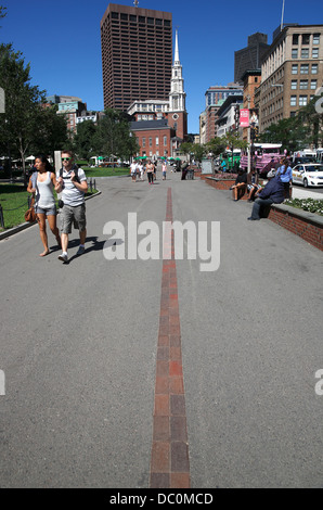 Massachusetts, Boston. Red bricks mark the streets of downtown Boston ...