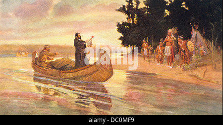 French Jesuit missionary in a Native American village. Hand-colored ...