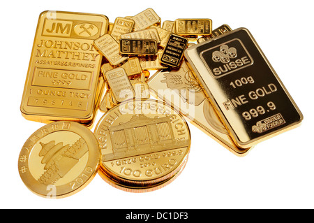 gold ingots an various bullion coins on wooden background Stock Photo ...