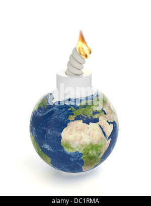 Earth planet with dynamite time bomb isolated on white background ...