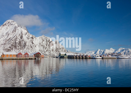 Rorbuer cottages in harbour at Svolvaer / Svolvær in snow in winter ...