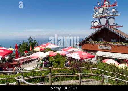Summit of Pfaender mountain with restaurant and transmitter ...