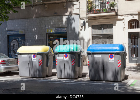Barcelona, Catalonia, Spain. Recycling bins in the street for Stock ...