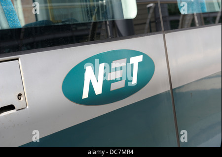 A Nottingham Express Transit (NET) tram arriving at Nottingham Station ...