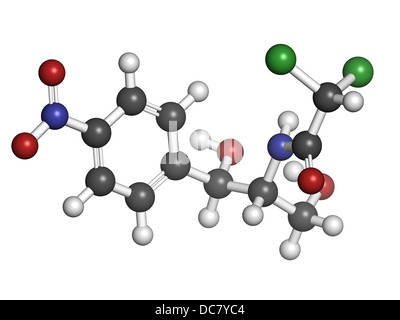 Chloramphenicol antibiotic drug, chemical structure. Atoms are ...