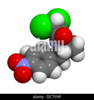 Chloramphenicol antibiotic drug, chemical structure. Atoms are ...