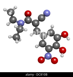 Entacapone Parkinson's disease drug, chemical structure. Atoms are ...