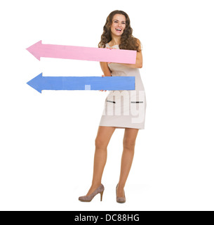 Choose your way. Woman and arrows pointing in different directions on ...