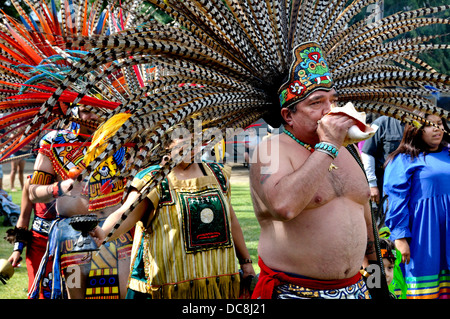 Man dressed as Aztec warrior blowing a conch shell Stock Photo - Alamy