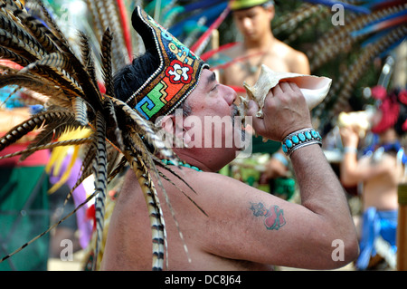 Man dressed as Aztec warrior blowing a conch shell Stock Photo - Alamy